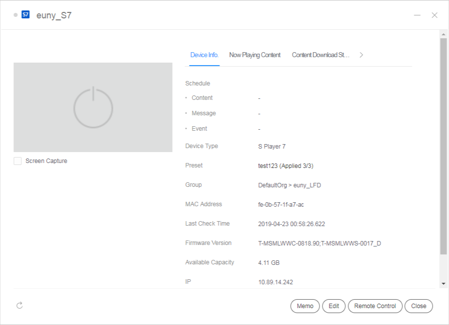 장치 상세 정보 보기 - MagicINFO Server - Global Site