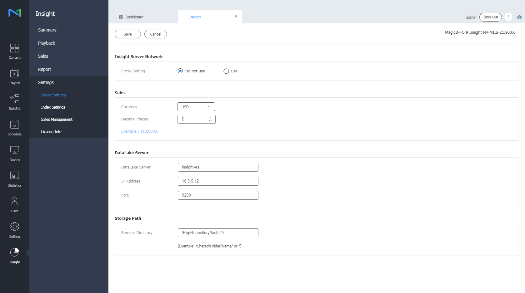 서버 설정 - MagicINFO Insight 9 - Global Site